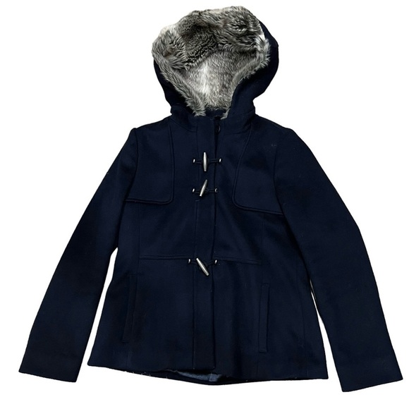 RW&CO. | Jackets & Coats | Rwco Large Navy Blue Wool Blend Toggle Faux Fur Hooded Pea Coat ...
